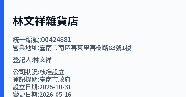 林文祥雜貨店的照片-統編 00424881(臺南市) 公司登記資料與營業項目詳細圖表