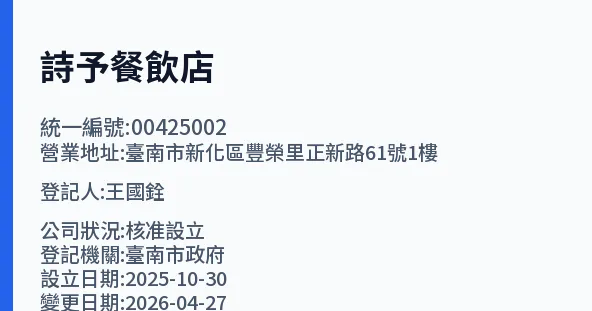詩予餐飲店的照片-統編 00425002(臺南市) 公司登記資料與營業項目詳細圖表