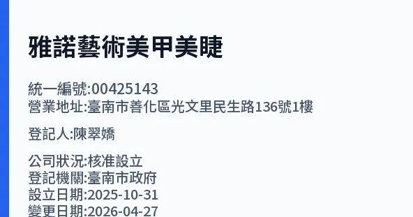 雅諾藝術美甲美睫的照片-統編 00425143(臺南市) 公司登記資料與營業項目詳細圖表