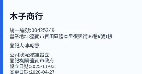 木子商行的照片-統編 00425349(臺南市) 公司登記資料與營業項目詳細圖表