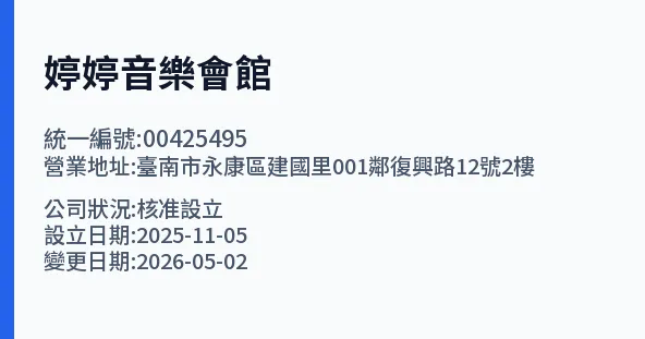 婷婷音樂會館的照片-統編 00425495(臺南市) 公司登記資料與營業項目詳細圖表
