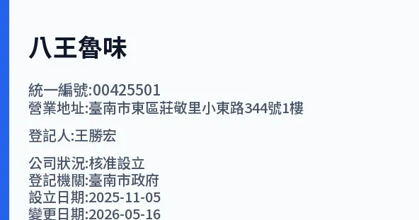 八王魯味的照片-統編 00425501(臺南市) 公司登記資料與營業項目詳細圖表