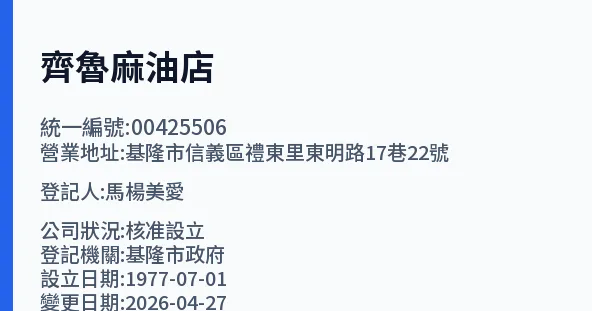 齊魯麻油店的照片-統編 00425506(基隆市) 公司登記資料與營業項目詳細圖表