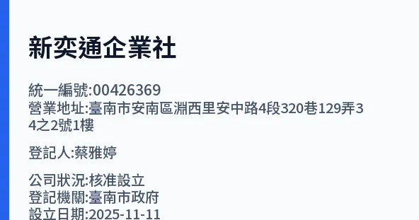 新奕通企業社的照片-統編 00426369(臺南市) 公司登記資料與營業項目詳細圖表