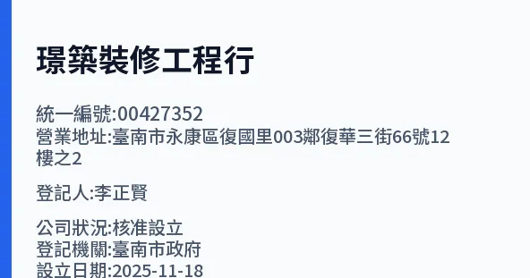 璟築裝修工程行的照片-統編 00427352(臺南市) 公司登記資料與營業項目詳細圖表