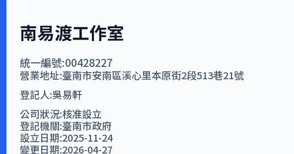 南易渡工作室的照片-統編 00428227(臺南市) 公司登記資料與營業項目詳細圖表