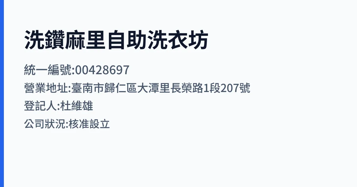 洗鑽麻里自助洗衣坊 - 統編 00428697（臺南市） 公司登記資料與營業項目詳細圖表
