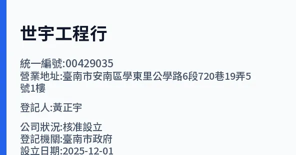 世宇工程行的照片-統編 00429035(臺南市) 公司登記資料與營業項目詳細圖表