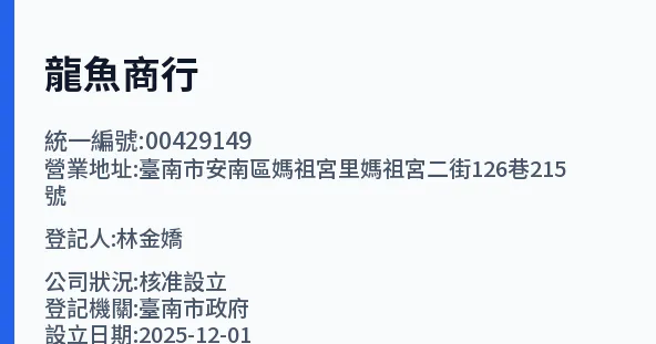 龍魚商行的照片-統編 00429149(臺南市) 公司登記資料與營業項目詳細圖表