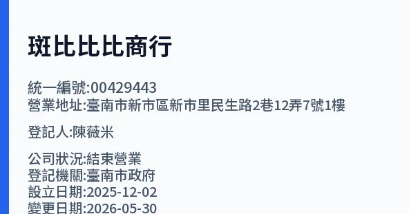 斑比比比商行的照片-統編 00429443(臺南市) 公司登記資料與營業項目詳細圖表