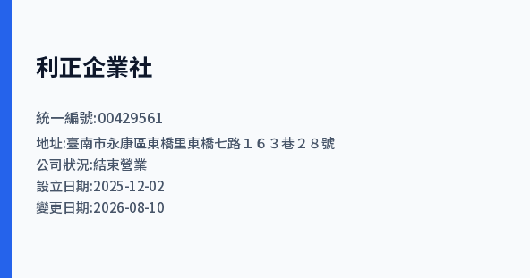 利正企業社的照片-統編 00429561 公司登記資料與營業項目詳細圖表
