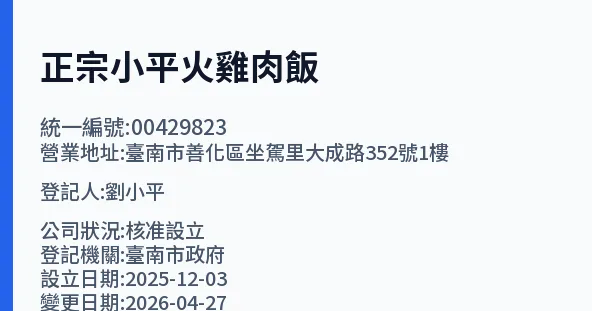 正宗小平火雞肉飯的照片-統編 00429823(臺南市) 公司登記資料與營業項目詳細圖表
