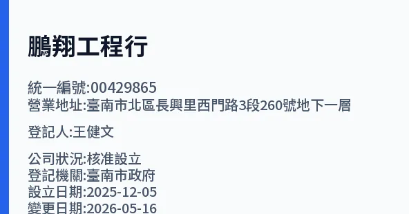 鵬翔工程行的照片-統編 00429865(臺南市) 公司登記資料與營業項目詳細圖表