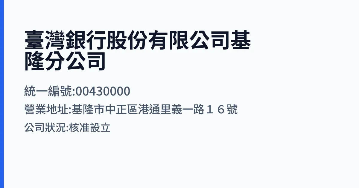 臺灣銀行股份有限公司基隆分公司 - 統編 00430000(基隆市) 公司登記資料與營業項目詳細圖表