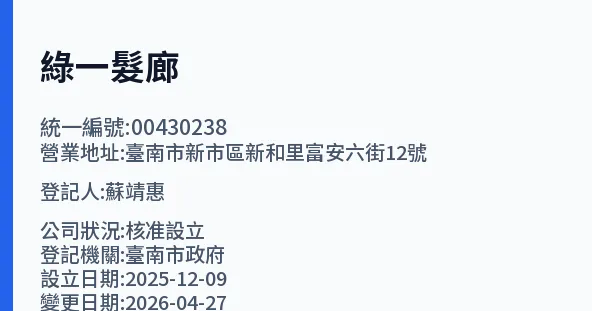 綠一髮廊的照片-統編 00430238(臺南市) 公司登記資料與營業項目詳細圖表