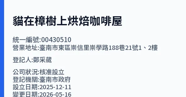 貓在樟樹上烘焙咖啡屋的照片-統編 00430510(臺南市) 公司登記資料與營業項目詳細圖表