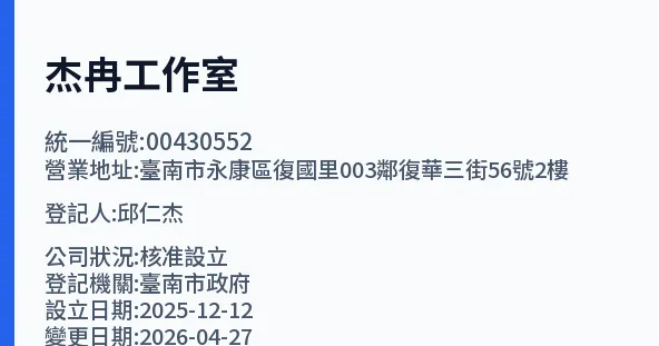 杰冉工作室的照片-統編 00430552(臺南市) 公司登記資料與營業項目詳細圖表