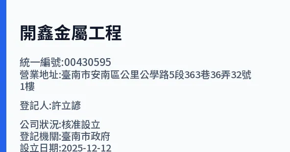 開鑫金屬工程的照片-統編 00430595(臺南市) 公司登記資料與營業項目詳細圖表