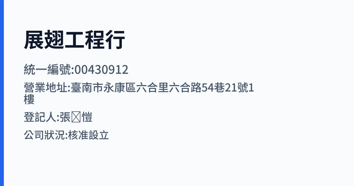 展翅工程行 - 統編 00430912（臺南市） 公司登記資料與營業項目詳細圖表