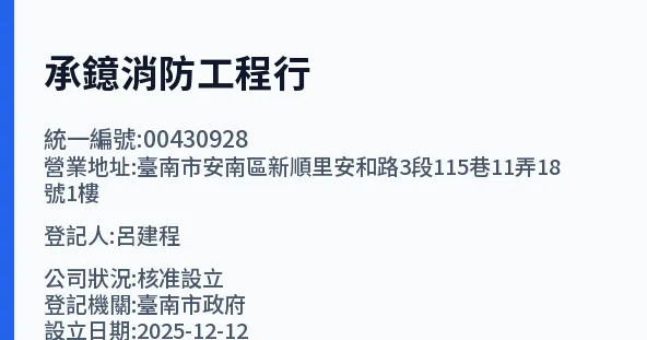 承鐿消防工程行的照片-統編 00430928(臺南市) 公司登記資料與營業項目詳細圖表