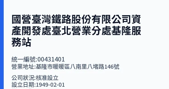 國營臺灣鐵路股份有限公司資產開發處臺北營業分處基隆服務站的照片-統編 00431401(基隆市) 公司登記資料與營業項目詳細圖表