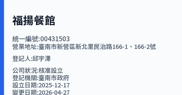 福揚餐館的照片-統編 00431503(臺南市) 公司登記資料與營業項目詳細圖表