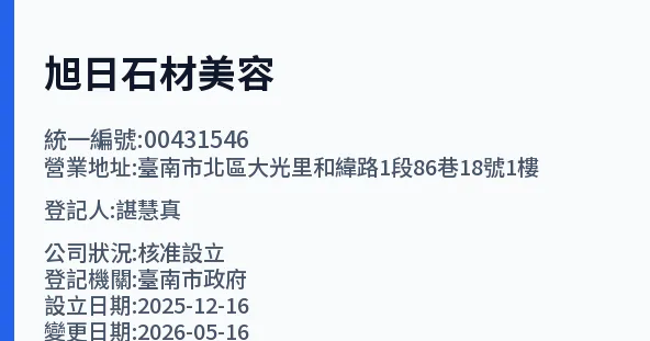 旭日石材美容的照片-統編 00431546(臺南市) 公司登記資料與營業項目詳細圖表