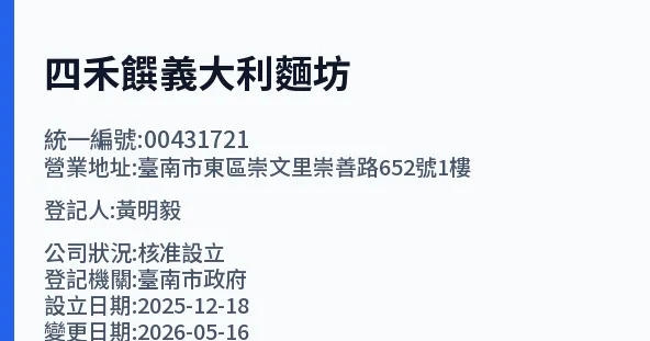四禾饌義大利麵坊的照片-統編 00431721(臺南市) 公司登記資料與營業項目詳細圖表