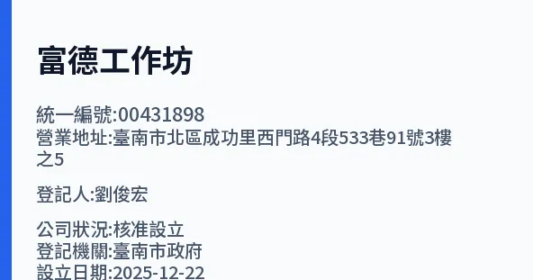 富德工作坊的照片-統編 00431898(臺南市) 公司登記資料與營業項目詳細圖表