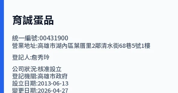 育誠蛋品的照片-統編 00431900(高雄市) 公司登記資料與營業項目詳細圖表
