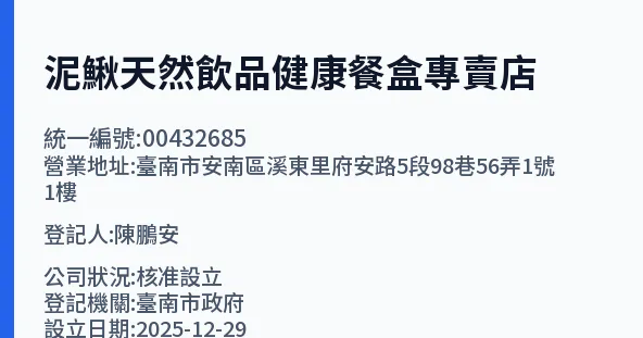 泥鰍天然飲品健康餐盒專賣店的照片-統編 00432685(臺南市) 公司登記資料與營業項目詳細圖表