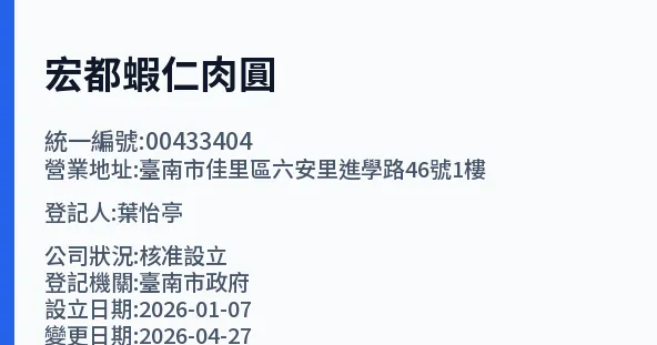 宏都蝦仁肉圓的照片-統編 00433404(臺南市) 公司登記資料與營業項目詳細圖表