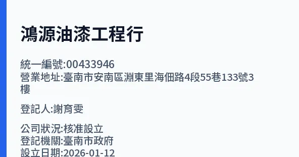 鴻源油漆工程行的照片-統編 00433946(臺南市) 公司登記資料與營業項目詳細圖表