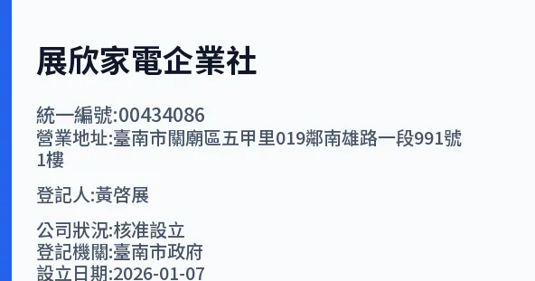 展欣家電企業社的照片-統編 00434086(臺南市) 公司登記資料與營業項目詳細圖表
