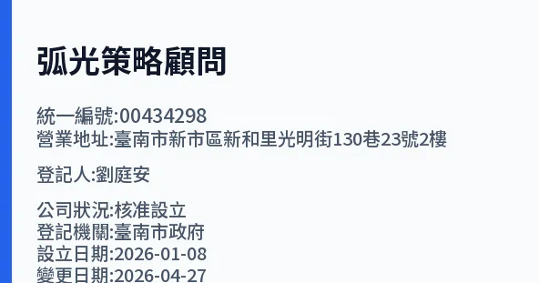 弧光策略顧問的照片-統編 00434298(臺南市) 公司登記資料與營業項目詳細圖表