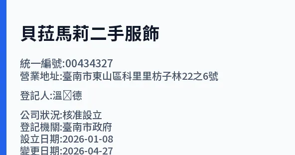 貝菈馬莉二手服飾的照片-統編 00434327(臺南市) 公司登記資料與營業項目詳細圖表