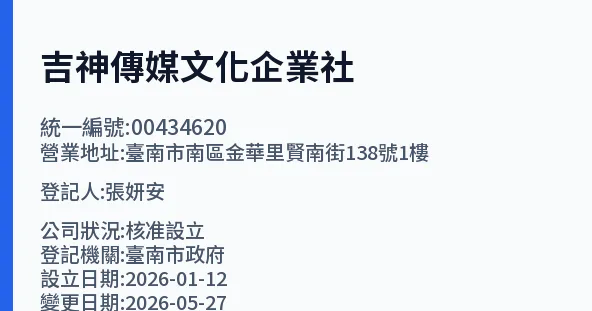 吉神傳媒文化企業社的照片-統編 00434620(臺南市) 公司登記資料與營業項目詳細圖表
