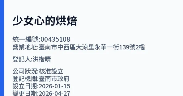 少女心的烘焙的照片-統編 00435108(臺南市) 公司登記資料與營業項目詳細圖表