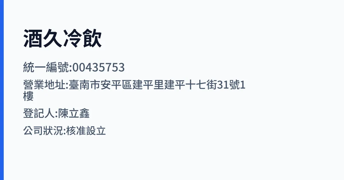 酒久冷飲 - 統編 00435753(臺南市) 公司登記資料與營業項目詳細圖表