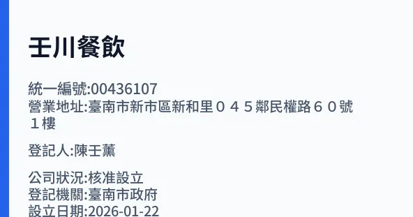 壬川餐飲的照片-統編 00436107(臺南市) 公司登記資料與營業項目詳細圖表