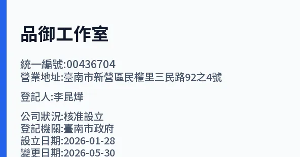 品御工作室的照片-統編 00436704(臺南市) 公司登記資料與營業項目詳細圖表