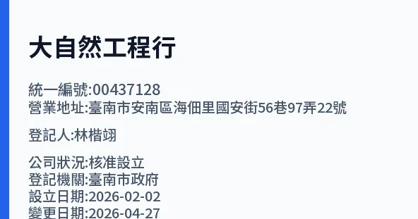 大自然工程行的照片-統編 00437128(臺南市) 公司登記資料與營業項目詳細圖表