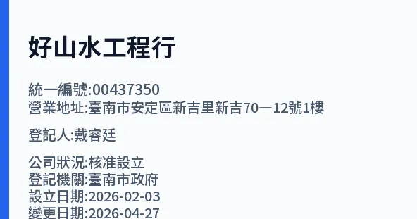好山水工程行的照片-統編 00437350(臺南市) 公司登記資料與營業項目詳細圖表