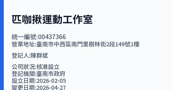 匹咖揪運動工作室的照片-統編 00437366(臺南市) 公司登記資料與營業項目詳細圖表