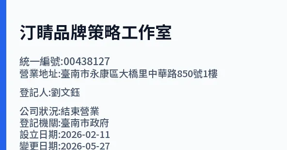 汀睛品牌策略工作室的照片-統編 00438127(臺南市) 公司登記資料與營業項目詳細圖表