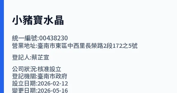小豬寶水晶的照片-統編 00438230(臺南市) 公司登記資料與營業項目詳細圖表