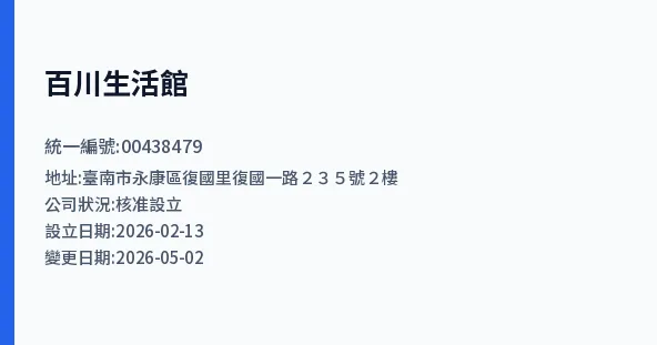百川生活館的照片-統編 00438479(臺南市) 公司登記資料與營業項目詳細圖表