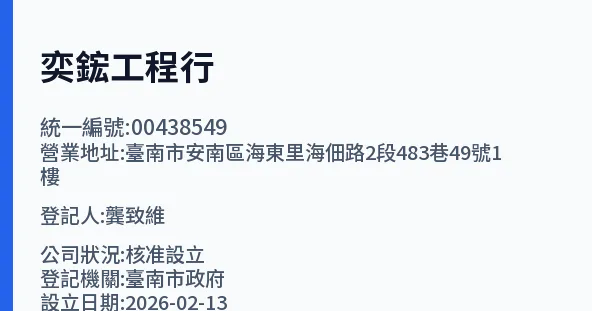 奕鋐工程行的照片-統編 00438549(臺南市) 公司登記資料與營業項目詳細圖表