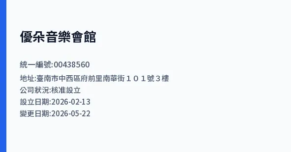 優朵音樂會館的照片-統編 00438560(臺南市) 公司登記資料與營業項目詳細圖表
