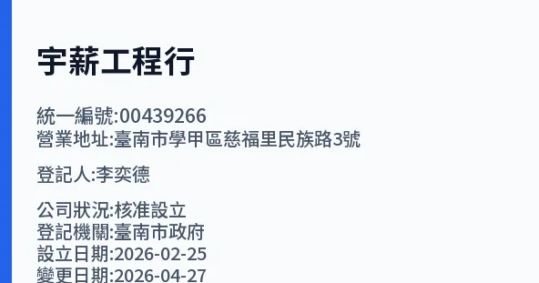 宇薪工程行的照片-統編 00439266(臺南市) 公司登記資料與營業項目詳細圖表